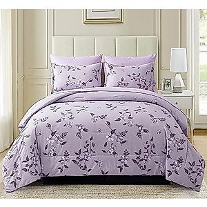 Yiran 7 Pieces Bed in a Bag Purple Botanical Plant Flowers Comforter Set Soft Microfiber Bedding Queen Comforter Sets with 1 Comforter 2 Pillowshams 1 Flat Sheet 1 Fitted Sheet and 2 Pillowcases