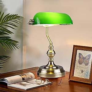 Liylan Green Glass Bankers Desk Lamp,Vintage Desk Lamp Touch Control, 3 Way Dimmable Table Lamp with USB Charging Port, Mid Century Banker's Desk Lamp for Home Office Library Antique Brass