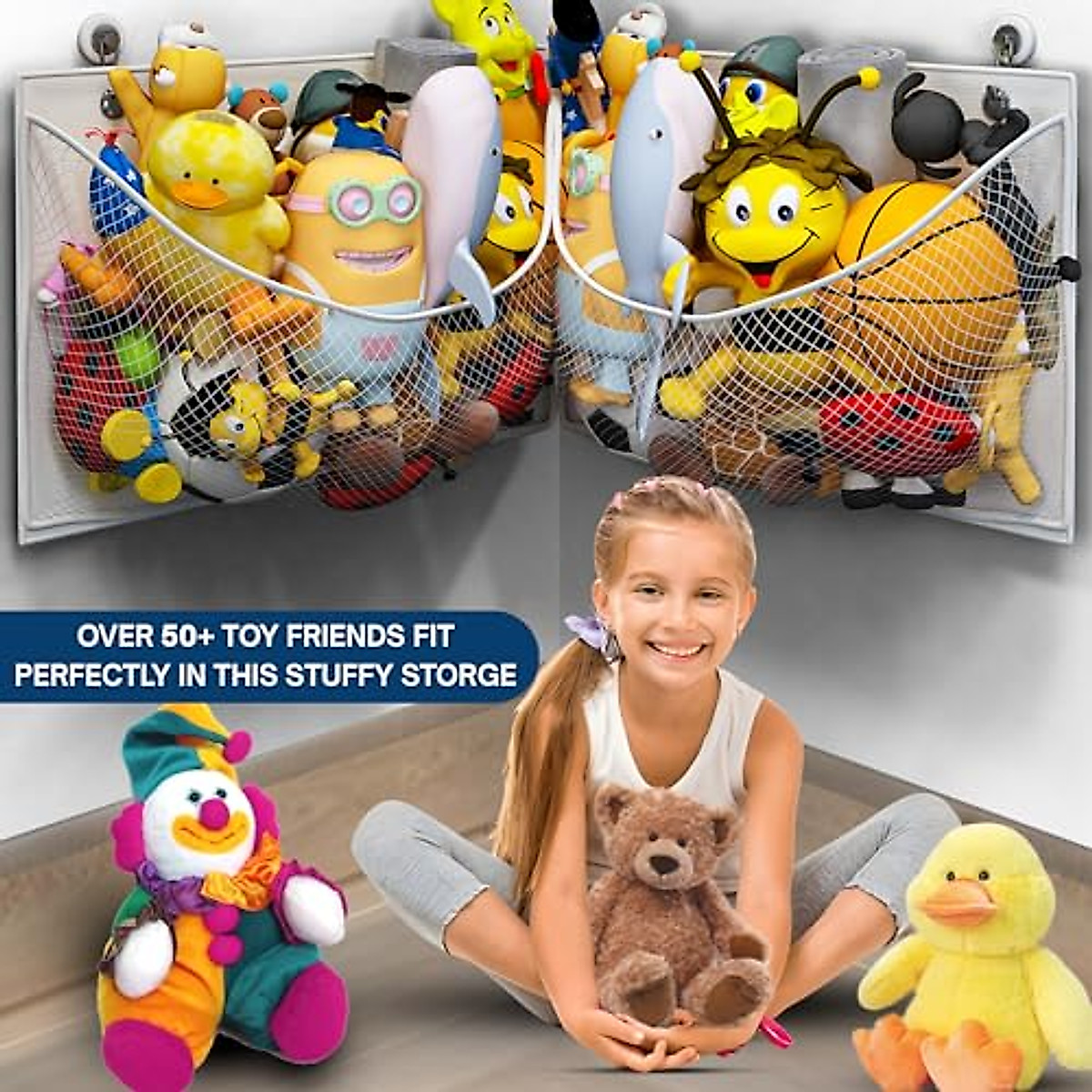 Stuffed Animal Storage Ideas, Stuffy Storage, Stuffed Animal net or Hammock, Kids Wall Corner Stuffed Animals Toy Hammock , Holder, Bear Organizer, Basket, Stuff, Zoo, Hardware Included (White)