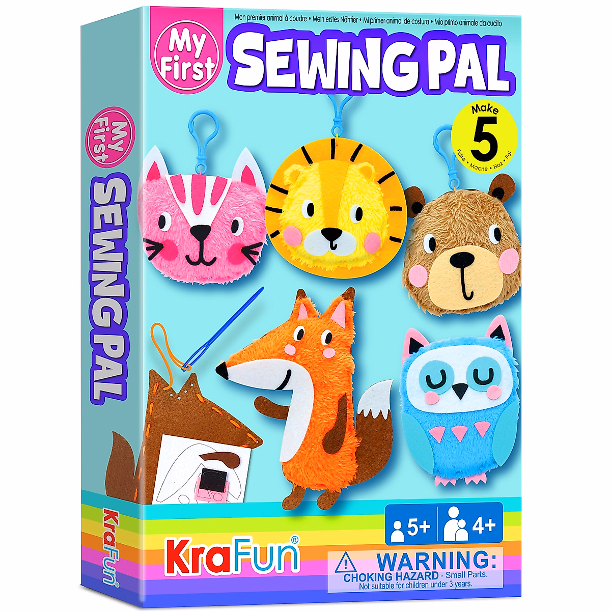 KRAFUN My First Sewing Animal for Kids, Beginner Art & Craft, 5 Easy Activities Stuffed Animal Dolls, Keyring Charms, Instructions & Felt Materials for Learn to Sew, Embroidery