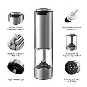 CIRCLE JOY Rechargeable Electric Salt and Pepper Grinder Set with Base, Stainless Steel Pepper Mills with Washable 95ml Container, White LED Light and Adjustable Coarseness, Silver