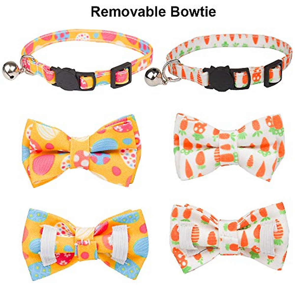ADOGGYGO 2 Pack Easter Cat Collar with Bow Tie Bell, Kitten Collar Breakaway with Removable Bowtie Carrot Easter Egg Pattern Collar for Cat