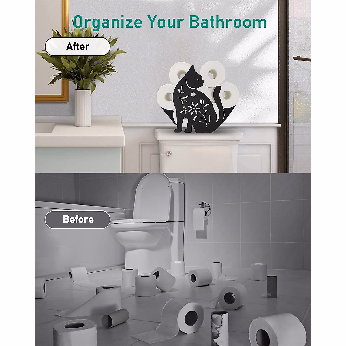 Cute Cat Toilet Paper Storage Stand Decorative, Metal Animal Bathroom Decor 8 Rolls Toilet Paper Holder, Freestanding Tissue Organizer