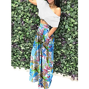 Famnbro Women's Boho Palazzo Pants Loose Fit Elastic High Waisted Long Wide Leg Trousers Plus Size