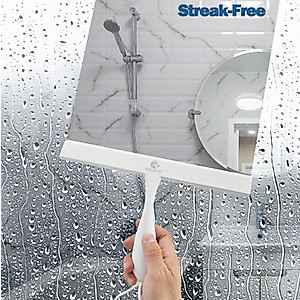 ROLIZOE Shower Squeegee for Glass Doors, 11 Inch Ergonomics Anti-rust Silicone Squeegee with Stainless Steel Frame for Shower Glass Door, Mirrors, Tiles and Windows Cleaning, White