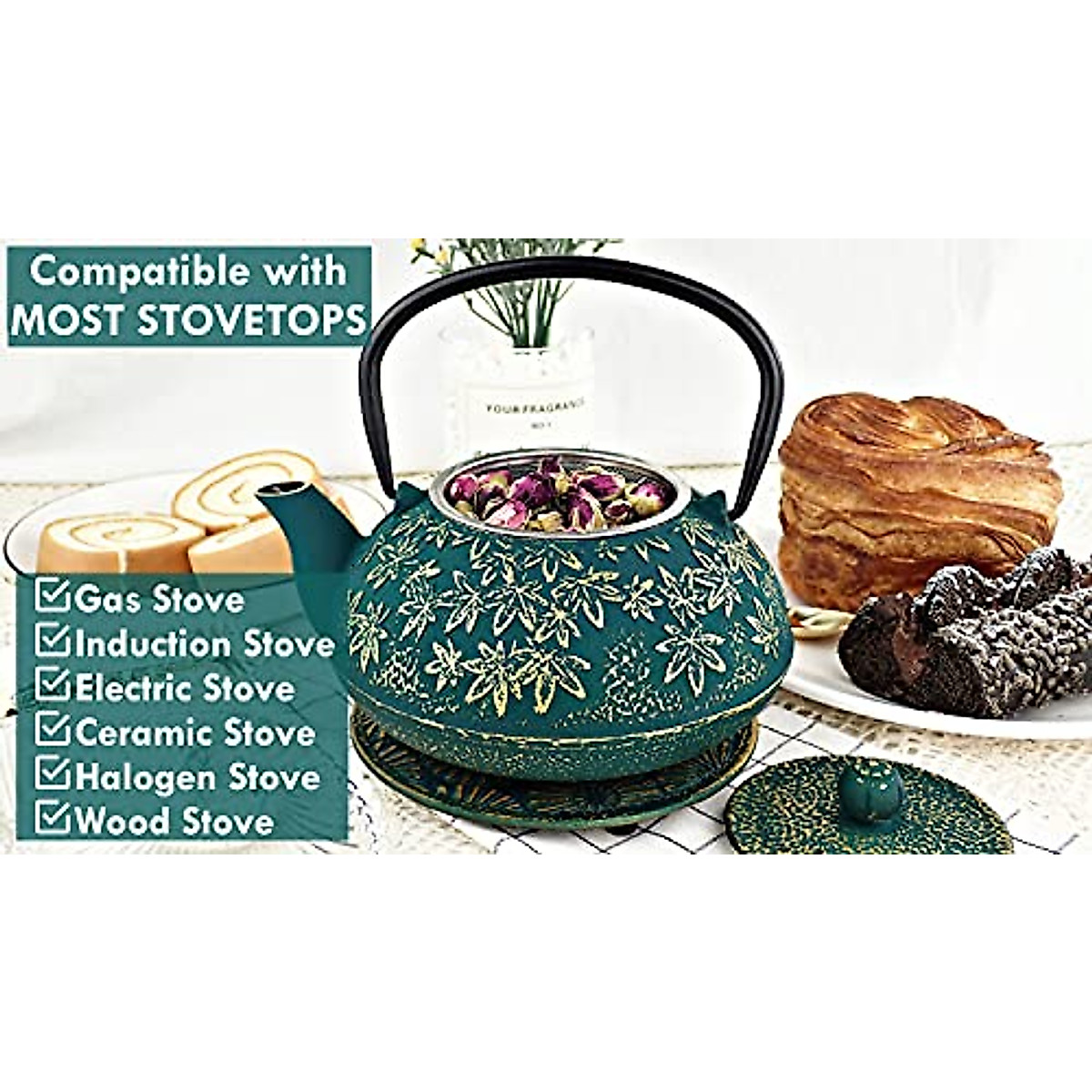Japanese Cast Iron Teapot Large Capacity 40Oz with Trivet and Loose Leaf Tea Infuser, Cast Iron Tea Kettle Stovetop Safe. Tetsubin Coated with Enamel Interior.