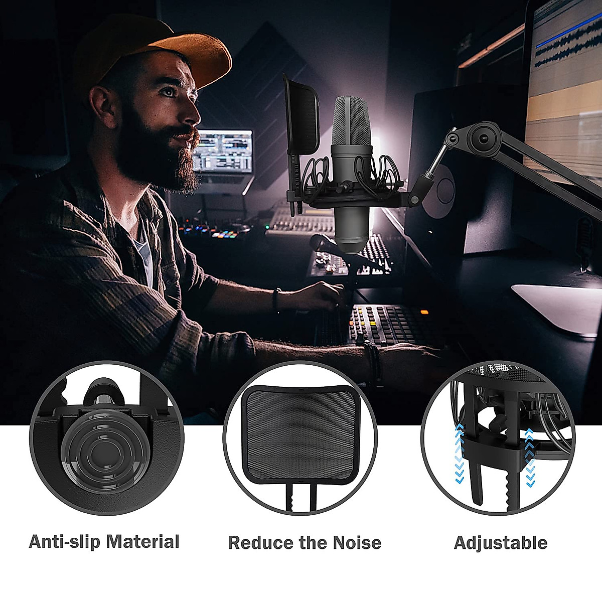 Mictop Universal Microphone Shock Mount with Pop Filter for All Microphones Size at 21mm-62mm, Includes Anti-Vibration Mic Holder and Pop Filter (Black)