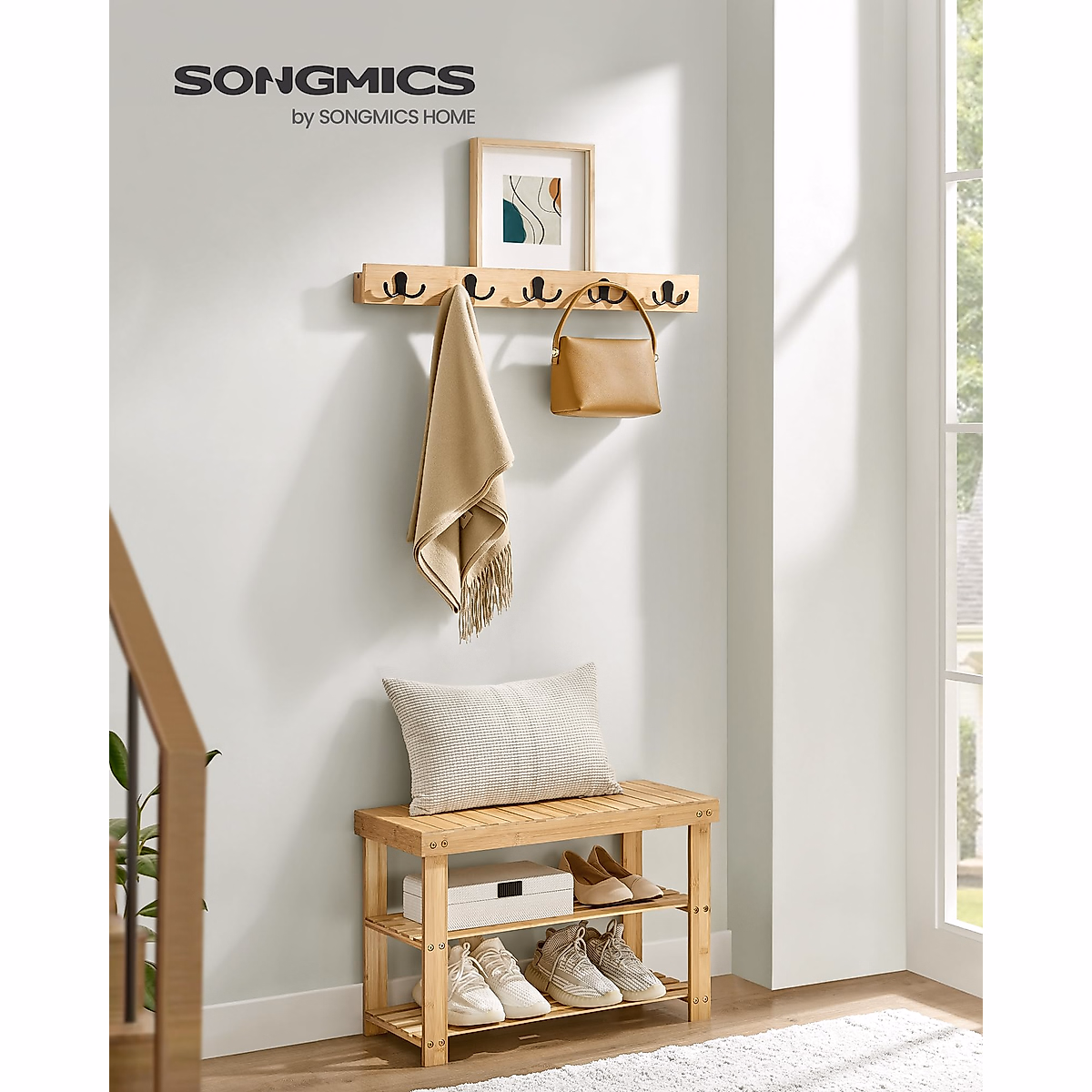 SONGMICS Hall Tree with Bench, Coat Rack Shoe Bench Set, Entryway Furniture, Multifunctional, 5 Double Metal Hooks, 3-Tier Bamboo Shoe Rack, for Entryway, Hallway, Bedroom, Natural Beige ULCR004N01