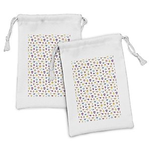 Ambesonne Kitchen Fabric Pouch Set of 2, Colorful Cooking Pots Teapot Food Tools Frying Pan Household Utensils Tableware, Small Drawstring Bag for Toiletries Masks and Favors, 9" x 6", Multicolor