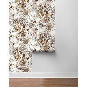 NextWall Harry & Grace Ink Rose Abstract Floral Peel and Stick Wallpaper (Mocha & Blue Mist)