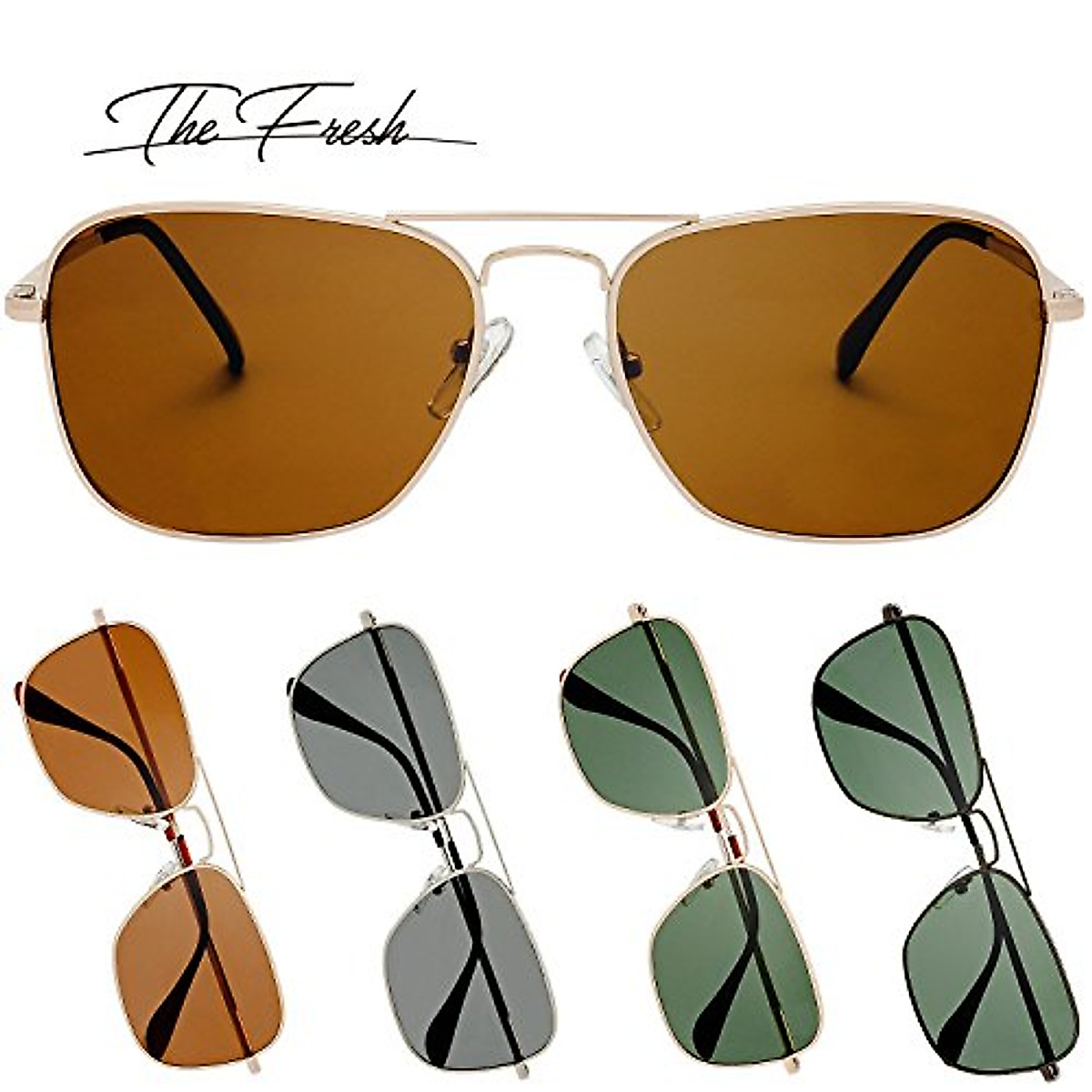 The Fresh Sunglasses for Men, Polarized, Rectangular Metal Frame, Ultra Lightweight, UV400 Protection (1-Gold, Brown)