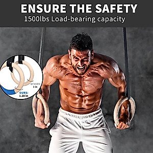 Gymnastics Rings Olympic Rings Wooden Gym Rings 1500lbs with Adjustable Cam Buckle 14.8ft Long Straps with Scale Non-Slip Exercise Rings Training Rings for Home Gym Full Body Workout