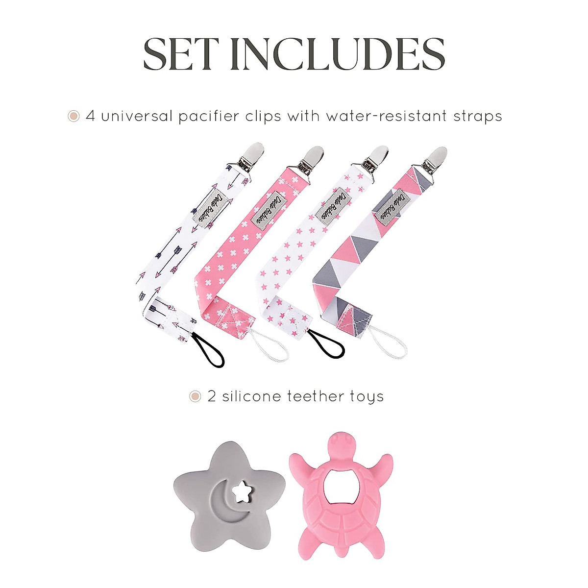 Dodo Babies Pacifier Clip & Teether Toy Set - Four Clips Plus Two Silicone Teether Toys - Universal Holder Fits Most Paci Brands - Fun Pink and Gray Prints for Girls or Boys