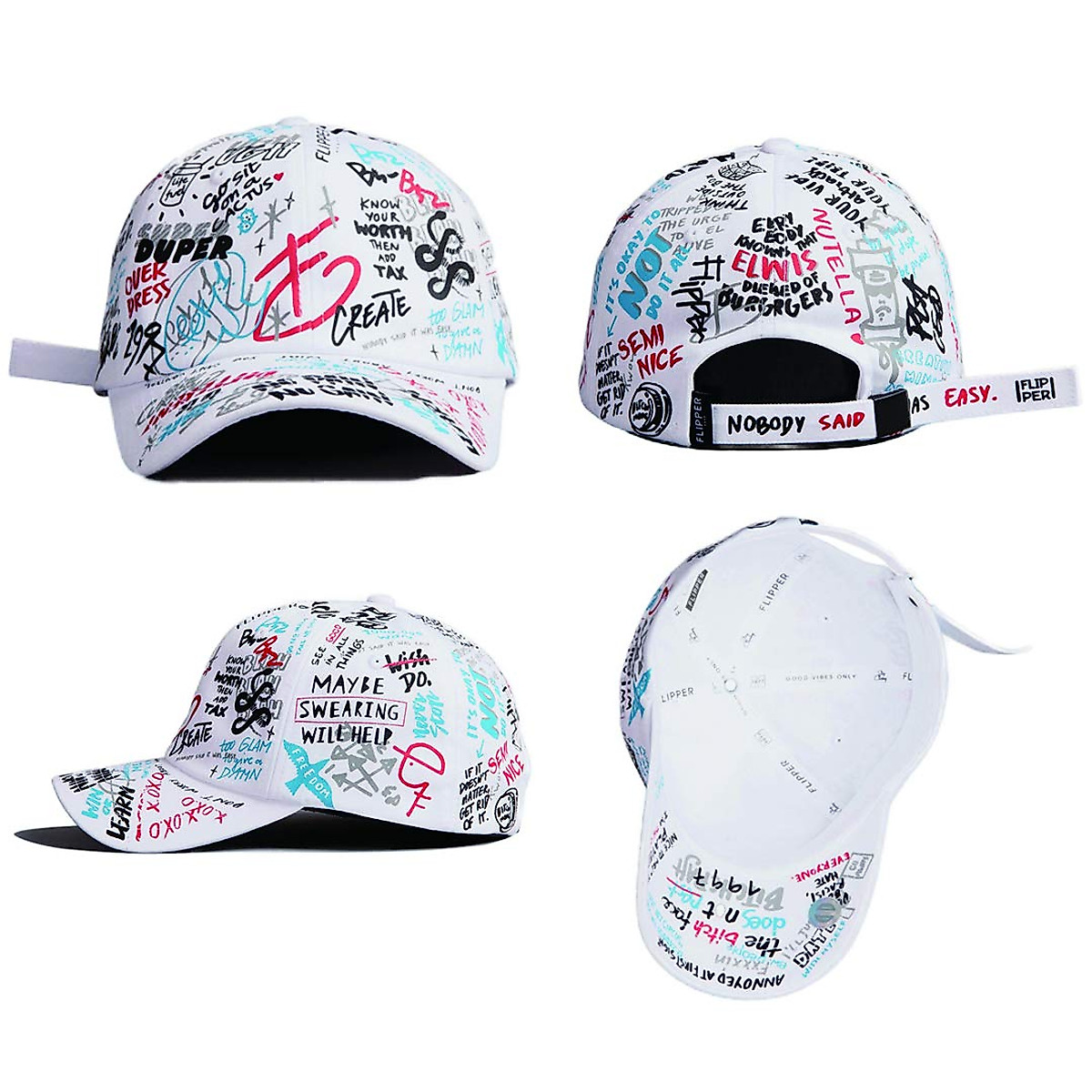 Flipper Designer Graffiti Doodle Cotton Baseball Cap for Men Women, Kpop Hat w/Curve Brim (White/Multi, Free Size)
