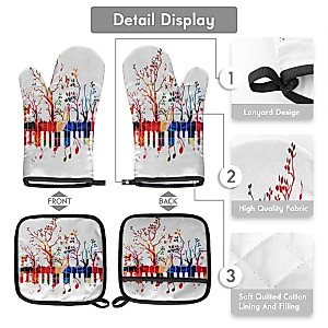 Colorful Tree Piano Keyboard Music Notes Oven Mitts and Pot Holders Sets Heat Resistant Non Slip Oven Glove and Insulated Kitchen Counter Mat Suitable for Cooking Baking Grill