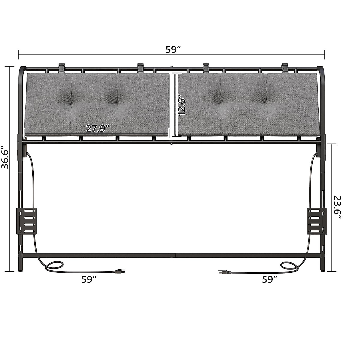 MAHANCRIS Queen Size Headboard, Upholstered Headboard with 2 Charging Stations, Metal Frame Structure, Adjustable Linen Upholstery with Strap Fastener, Bed Frame Adapter Included, Black and Grey