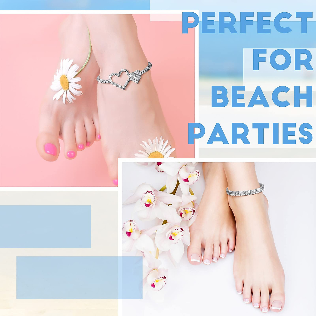 Laumoi 6 Pcs Ankle Bracelets for Women Christmas Rhinestone Stretch Anklet Heart Ankle Bracelets Anklet Jewelry Crystal Foot Chain(Silver, Heart Style)