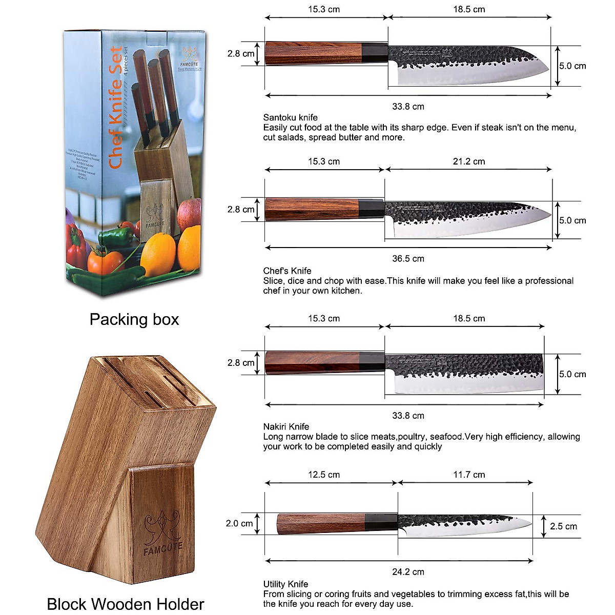 FAMCÜTE Japanese Chef Knife Set, 3 Layer 9CR18MOV Clad Steel w/Rosewood Handle and Block Wooden Holder for 4PCS Kitchen Knife Set (8” Gyuto Knife, 7” Nakiri Knife, 7” Santoku knife, 5” Utility knife)