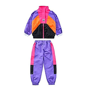LOLANTA Boys' Girls' Color Block Jacket Track Pants Sets Dance Outfits Sportswear Unisex (8-10, purple)