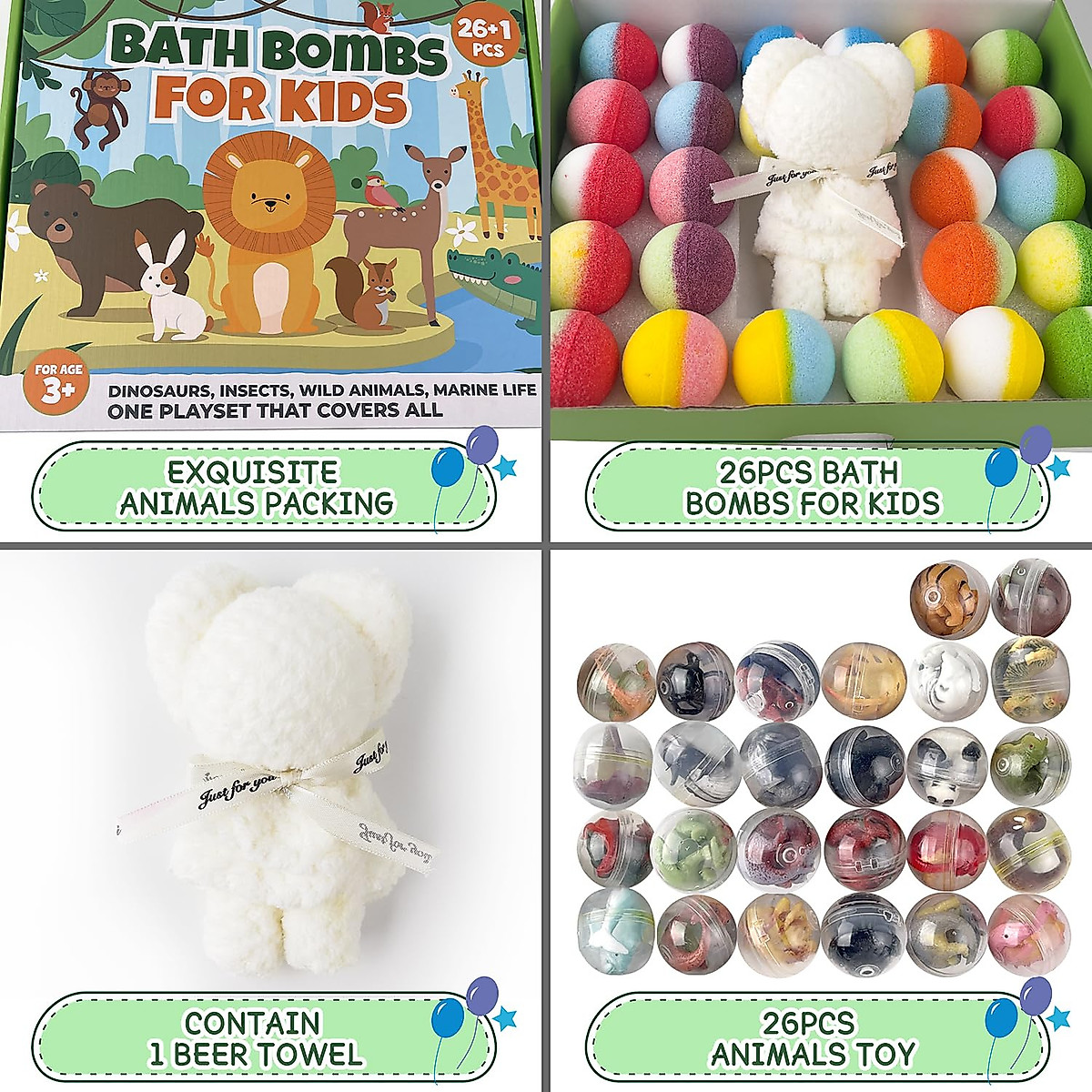 Kids Bath Bombs with Surprise Inside, 26pcs Bath Bombs with Toys and 1 Bear Towel Gift for Boys/Girls, Party Favors for Kids Natural Organic Bubble Bath with Animals Bath Bombs for Christmas