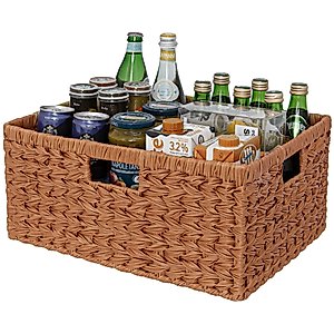 GRANNY SAYS Woven Storage Basket - Large Plastic Wicker Basket for Shelves, Odorless, Waterproof, Organizing Pantry, Caramel Orange, 1-Pack