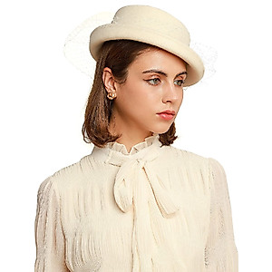 ORIDOOR Women Vintage 100% Wool Felt Flowers Bucket Cloche Bowler Hat Church Wedding Dress Fascinator Hat 016-White …