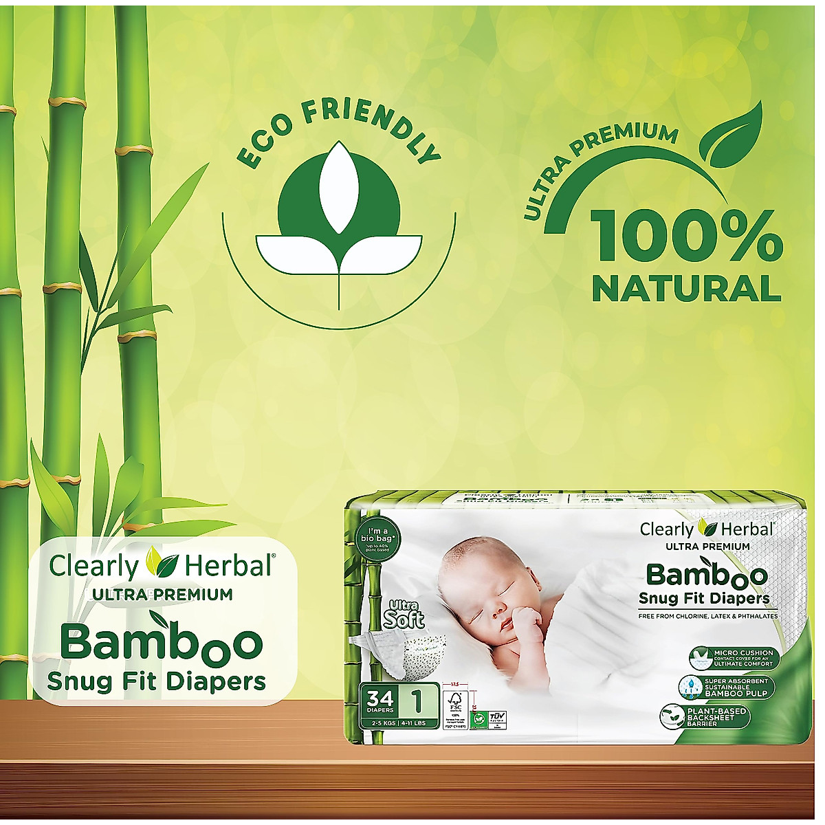 Clearly Herbal Bamboo Diapers, Micro Cushion Comfort & Other Plant-Based Materials, Size 1 34ct Case (4 Inner Bags)