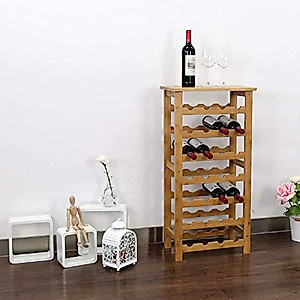 Kinbor 7-Tier Bamboo Wine Rack with Display Shelf, Standing Storage Organizer with 28 Bottles Holder for Bar, Wine Cellar, Basement, Living Room, Pantry, Kitchen