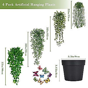 Waipfaru Fake Hanging Plant with Pot, 4Pcs Artificial Hanging Plants with Fake Ivy Vines, Faux Potted Greenery Faux Eucalyptus Pothos Mandala Pea Pods for Home Room Wall Shelf Indoor Outdoor Decor