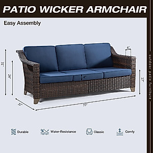 MeetLeisure 77'' Patio Sofa, All Weather Outdoor Rattan Wicker 3-Seat Sofa High Back Couch with Premium Cushions for Garden Backyard Porch(Brown/Navy)