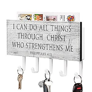 I Can Do All Things Through Christ Who Strengthens Me Key Holder for Wall, Bible Verse Mail Holder and Key Rack for Entryway, Farmhouse Home Decor Key Hooks, Rustic Key Hangers with 5 Hooks