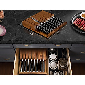 Piklohas Steak Knives Set of 8 with Drawer Organizer, 4.5 Inch Non Serrated Dinner Knife, Forged German Steel Damascus Pattern Straight Edge Meat Knife with Full Tang Handle, Dishwasher Safe, Black