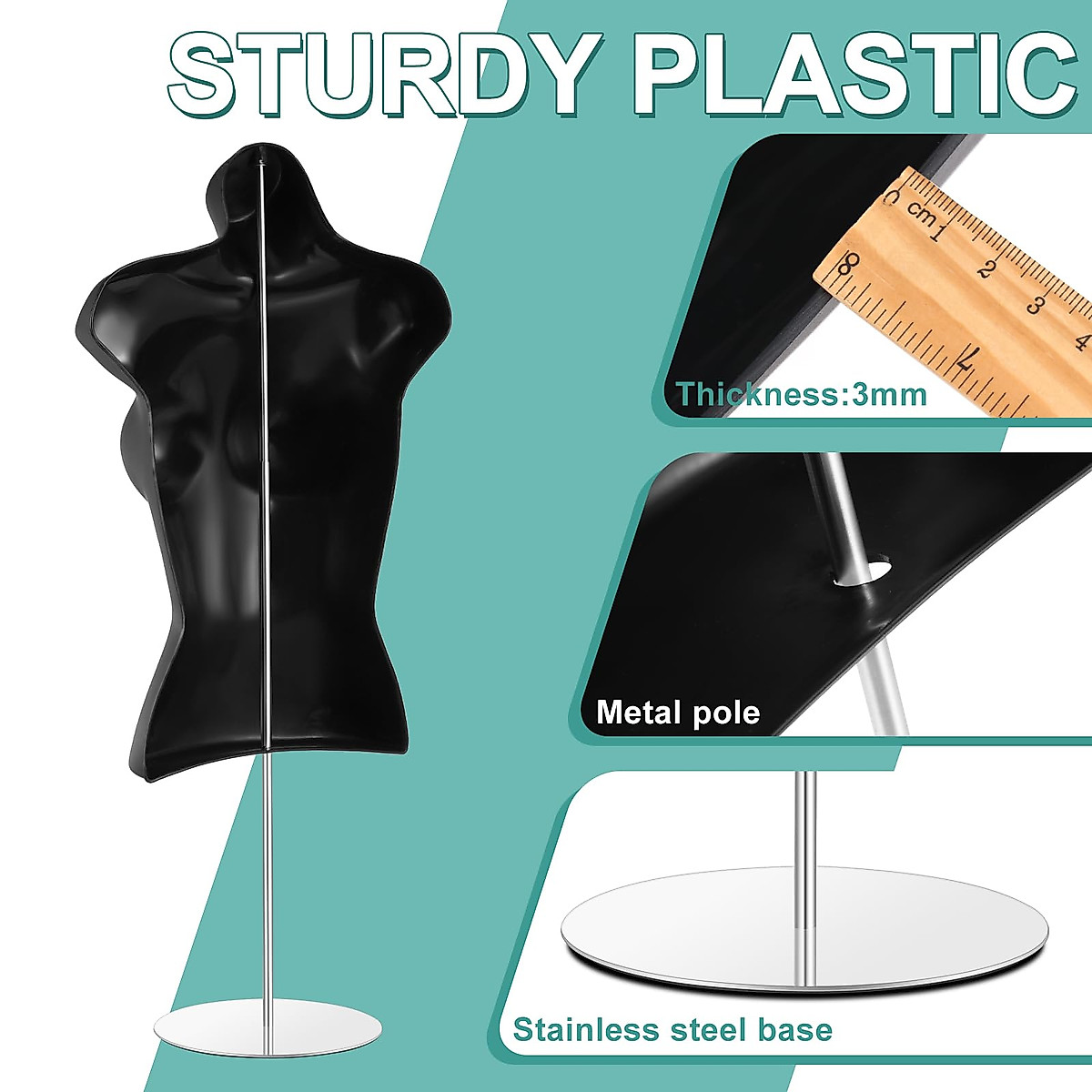 Geetery 2 Pieces Female Mannequin Torso Dress Form with Stand and Hanging Hook Table Top Mannequin Hollow Back Body for Counter Craft Show Photo Design Retail Store Exhibition, S-M Size (Black)