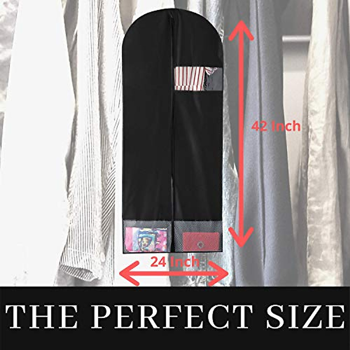 42 Inch Black Garment Bag Breathable for Suit Dress with Large Clear Window and Mesh Pockets
