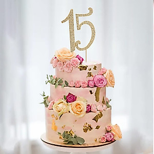 Honbay 15 Birthday Cake Topper Sparkly Bling Alloy Crystal Rhinestones Cake Topper Cake Decoration for 15th Birthday or Anniversary Party (Gold)