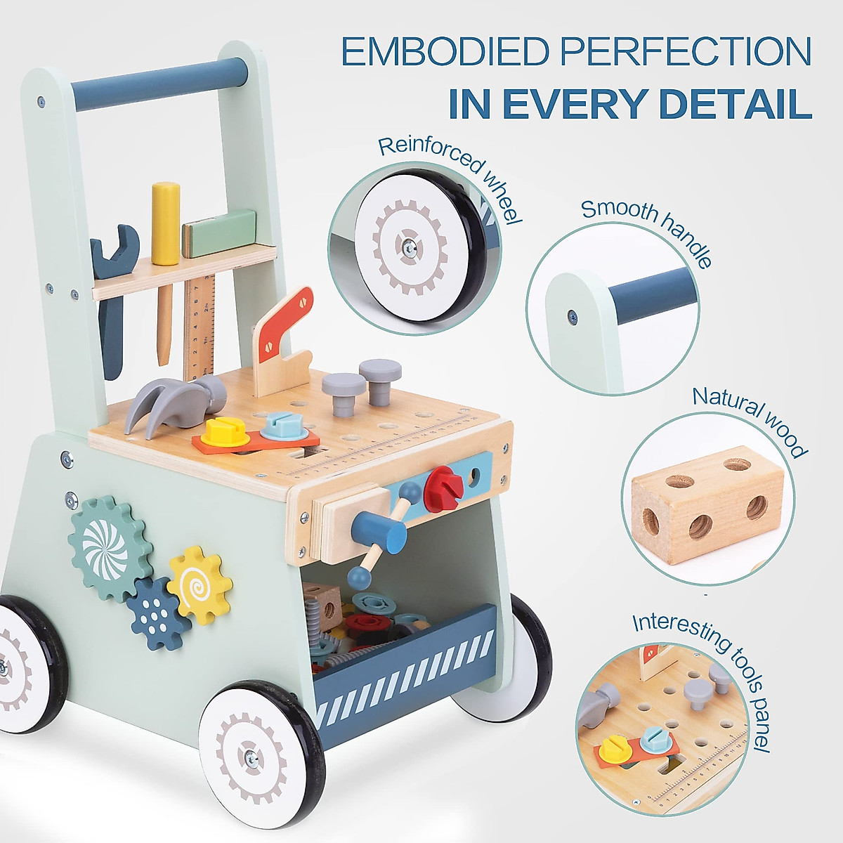 2-in-1 Baby Push Walker - Wooden Push Walker and Tool Toy for Babies - Toddler Learning Activity Walker for Girls Boys 1-3 Years - Educational and Sturdy Construction