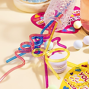 JOYIN 28 Pack Valentines Day Gift Cards with Gift Colorful Crazy Loop Reusable Drinking Straws for Classroom Exchange Prizes, Valentine Party Favors Toy