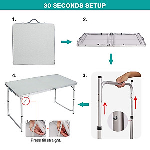 CAMPMOON Folding Camping Table 4 Foot, Lightweight Portable Aluminum Folding Table with Adjustable Legs, Great for Outdoor Cooking Picnic, White