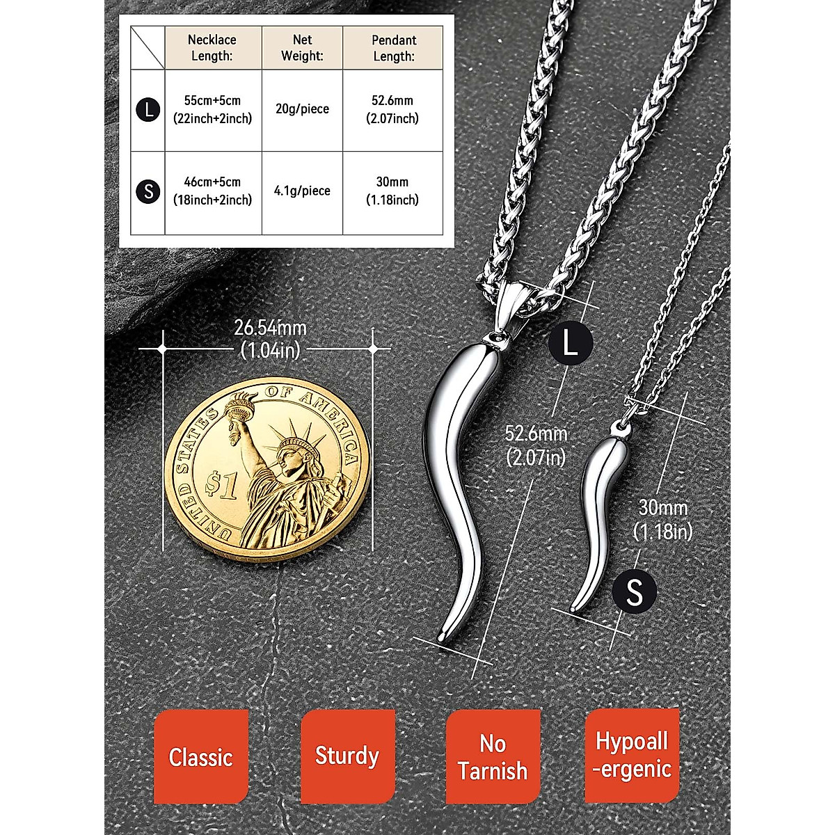 FaithHeart Italian Horn Pendant Necklace for Women Men Sturdy Stainless Steel Cornicello Necklace Protection Necklace Chains with Pendant Italian Charm Talisman with Gift Box