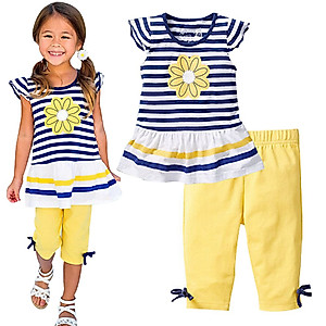 LUKYCILD Baby Girls Summer Clothes Casual Clothing Suit Short Sleeve Striped T-Shirt +Pants