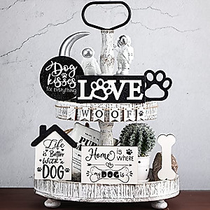 12 Pcs Tiered Tray Decor Set Wooden Dog Cat Christmas Tray Decor Rustic Farmhouse Paw Bone Farm Decoration Mini Wood Signs for Kitchen Home Table Housewarming Xmas Gift (Stylish Style)