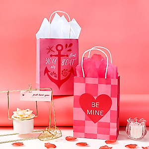 ECOptimize Gift Bag with Tissue Paper for Valentine's Day - 24 PCS Small Size(5.9"x3"x8") - Eco-Friendly Kraft White Paper Bag with Handle for Retail, Gift, Shopping & Party Favors(Pink, Red, Heart) - Double Side Pattern