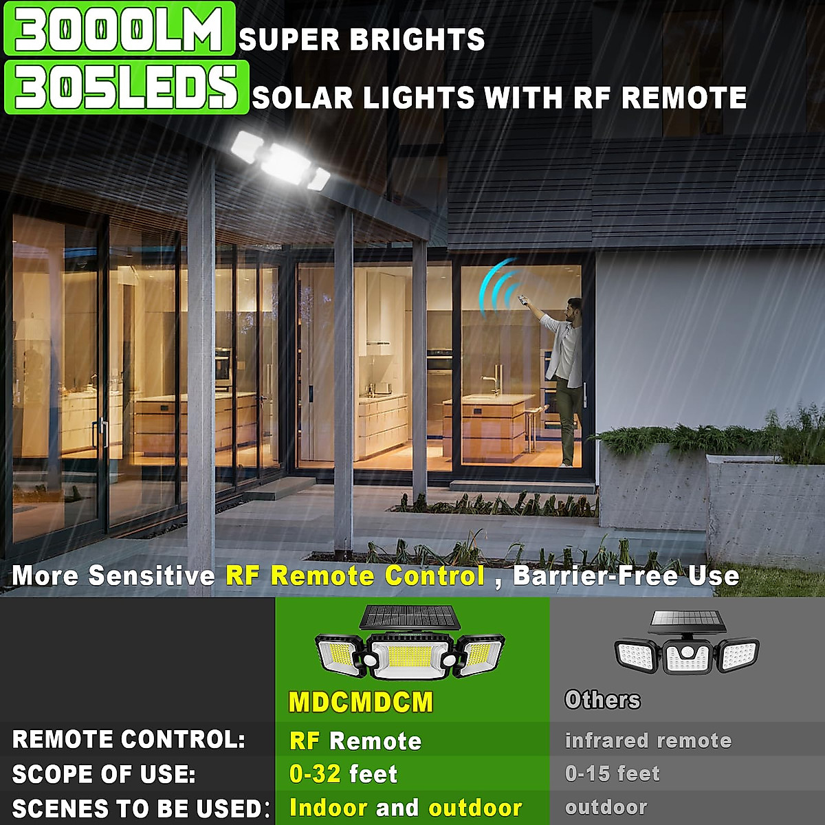 2023 Newest Solar Flood Lights Outdoor Motion Sensor - 3000LM & 2 Sensors Floodlights Outdoor with RF Remote, 3 Modes IP65 Waterproof Solar Security Wall Light for Garden Yard Patio Pathway 2 Pack