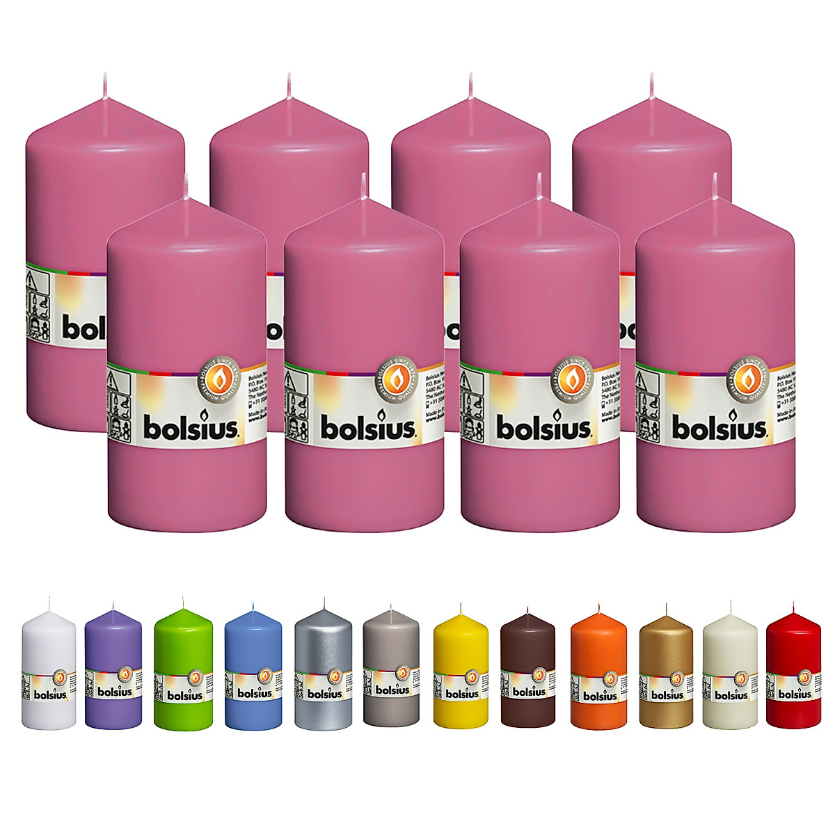 BOLSIUS 8 Pink Pillar Candles - 2.75 x 5 Inches - Premium European Quality - Individually Wrapped - 43 Hours Burn Time - Dripless & Smokeless - Unscented Dinner, Wedding, Party, & Restaurant Candles