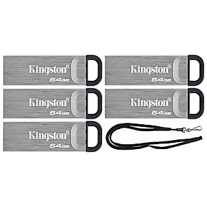 Kingston 64GB DataTraveler Kyson High Performance up to 200MB/s USB 3.2 Metal Flash Drive DTKN/64GB Bundle with (1) GoRAM Black Lanyard (64GB, 5 Pack)