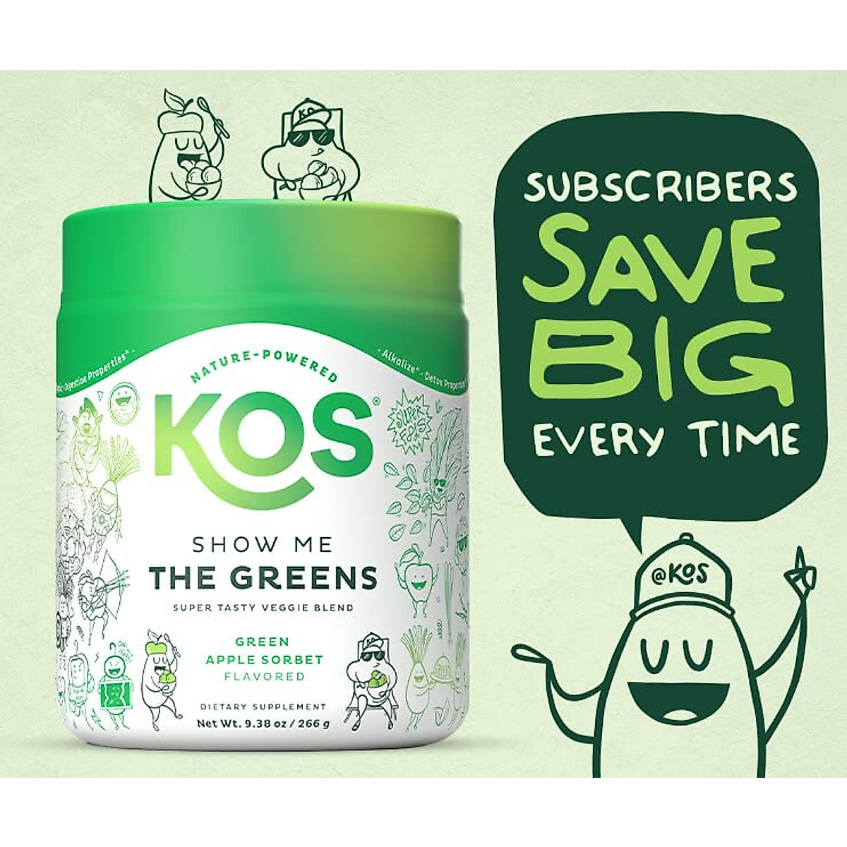 KOS USDA Organic Super Greens Powder - Plant Based Algae Superfood Blend with Spirulina, Chlorella & Wheatgrass - Keto, Vegan, Daily Green Juice Smoothie Drink - Green Apple Sorbet Flavor, 28 Servings