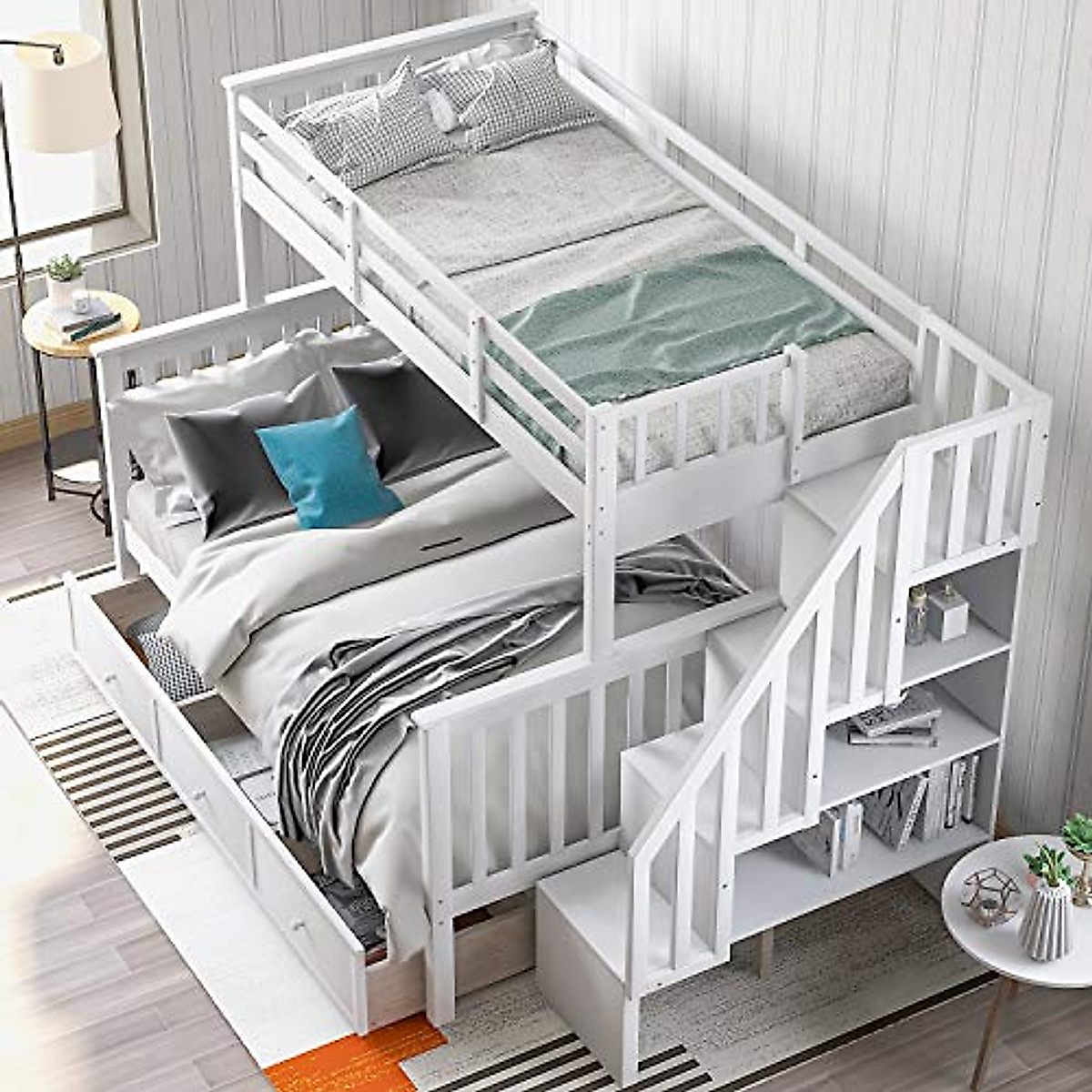 MERITLINE Twin Over Full Bunk Bed with Stairs, Wood Bunk Bed Frame with Storage Drawers and Shelves, No Box Spring Needed, White