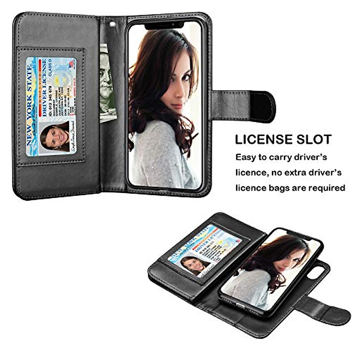 NJJEX Wallet Case for iPhone Xs Max, for iPhone Xs MAX Case, PU Leather [9 Card Slots] ID Credit Folio Flip [Detachable][Kickstand] Magnetic Phone Cover & Lanyard for iPhone Xs Max 6.5" 2018 [Black]