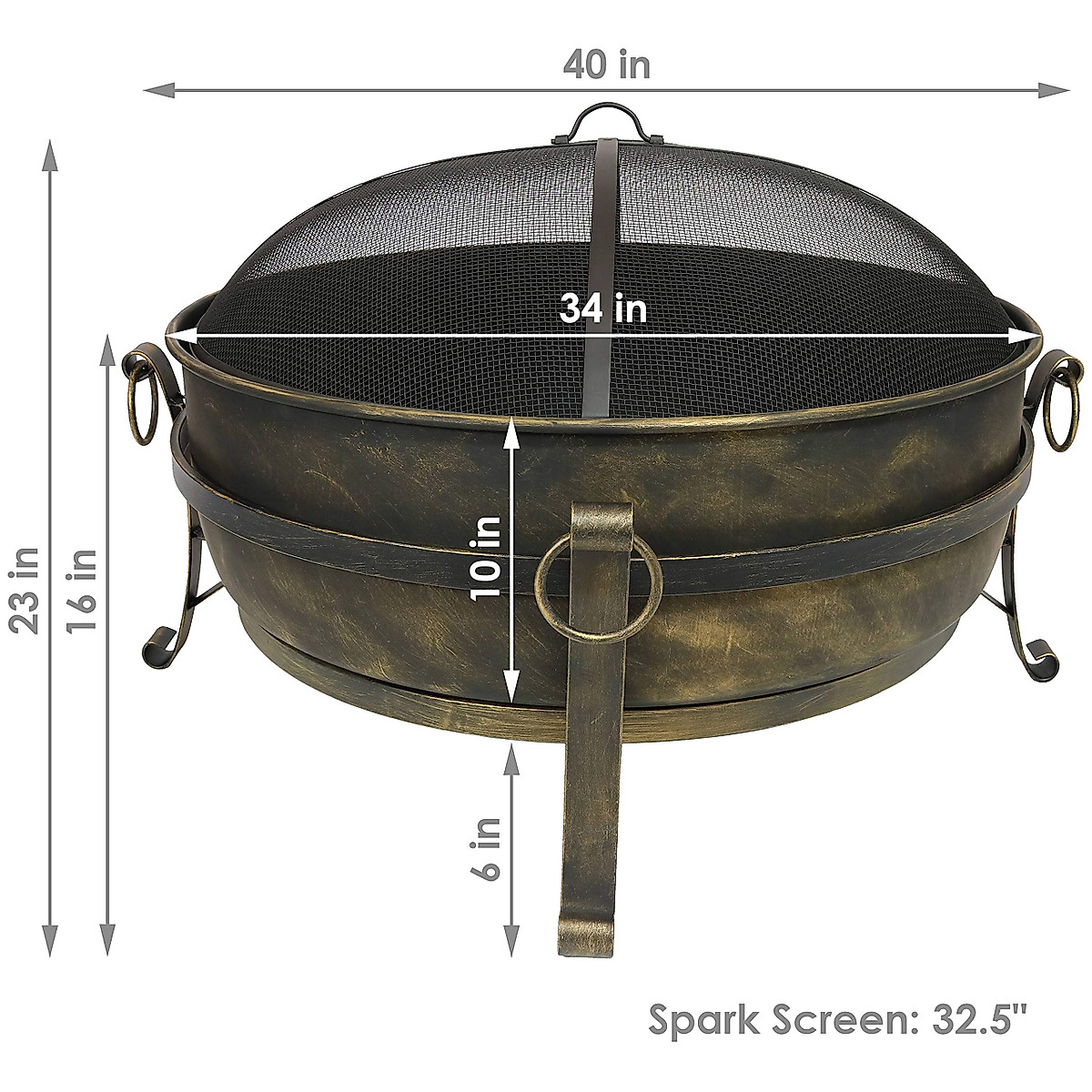 Sunnydaze 34" Cauldron Outdoor Fire Pit with Round Spark Screen, Fireplace Poker, and Metal Grate and Black 300D Polyester and PVC 36" Diameter Outdoor Round Fire Pit Cover Bundle