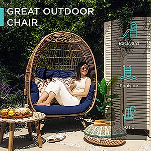 Best Choice Products Wicker Egg Chair, Oversized Indoor Outdoor Lounger for Patio, Backyard, Living Room w/ 4 Cushions, Steel Frame, 440lb Capacity - Navy